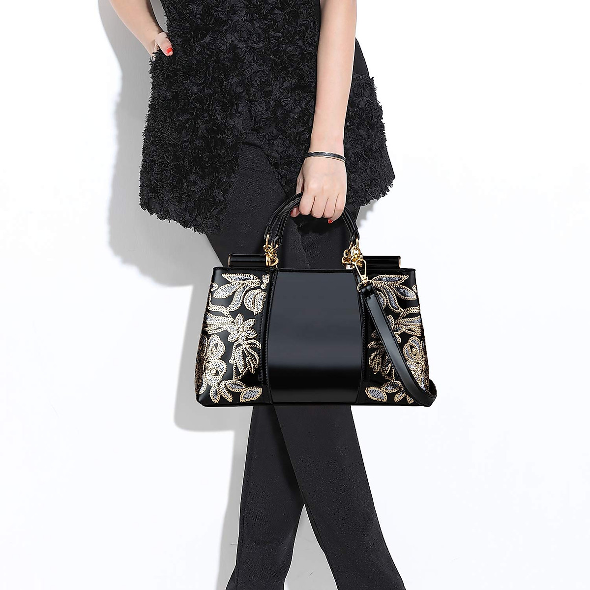 Nevenka Evening Handbags for Women Patent Leather Top Handle Purse Cross-Body Bag for Party Daily Use（Gold）