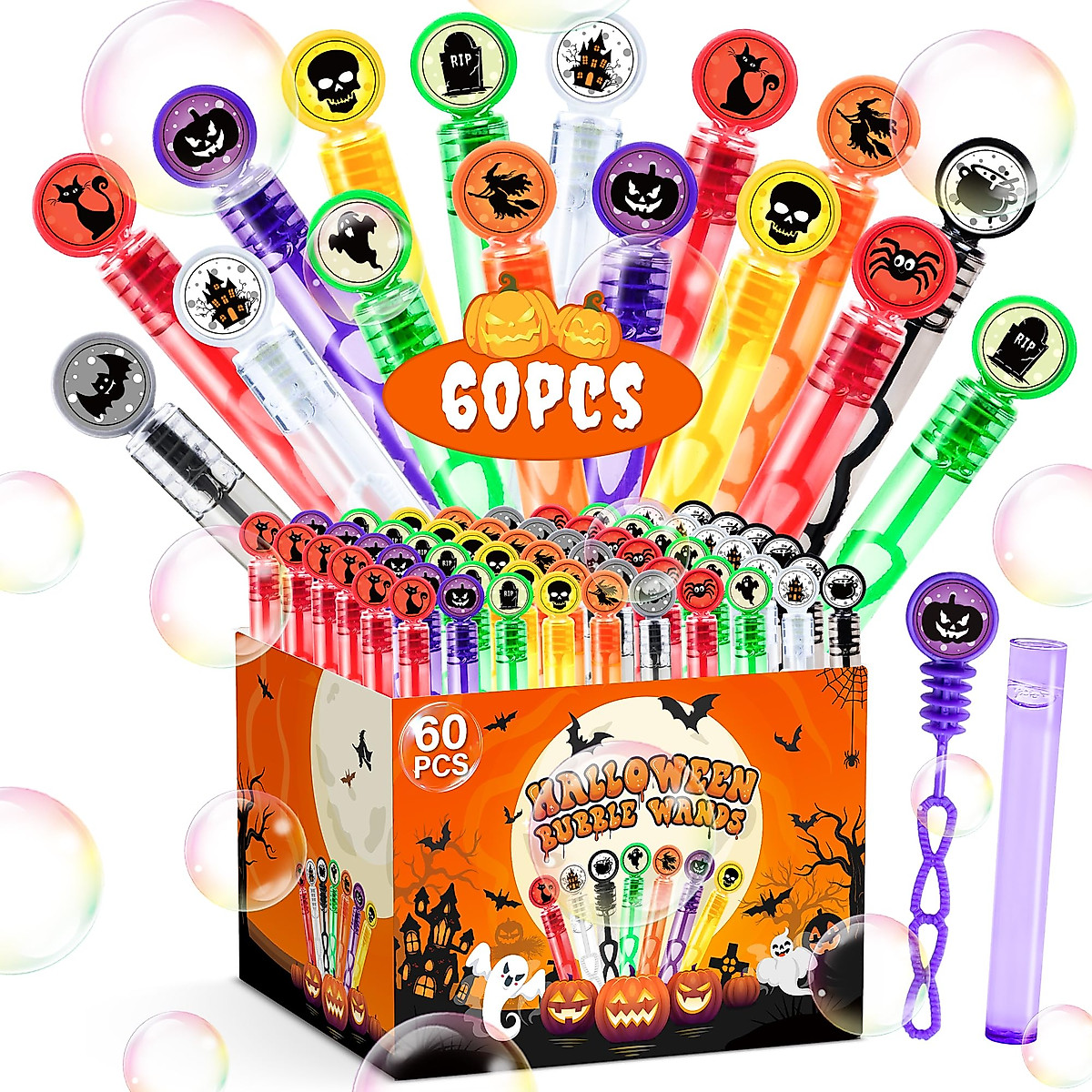 60 Pack Halloween Party Favors Bubble Wands for Kids, Halloween Goodie Bag Stuffers Fillers, Halloween Toys Bulk Treats Non Candy Classroom Prizes Gifts for Toddlers Kids Birthday Party Supplies