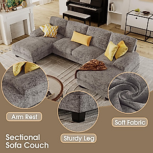 Furmax Sectional Couches for Living Room, U-Shaped Sofa Couch with Linen Fabric, 4 Seat Sofa Set with Double Chaise for Apartment (Fabric, Grey)