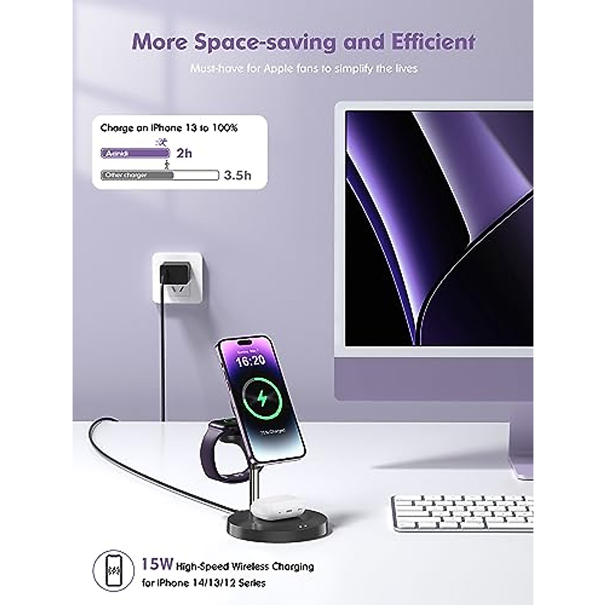 3 in 1 Wireless Charging Station for Multiple Devices Apple, Aeinidi 15W Fast Mag-Safe Charger Stand, Magnetic Charger for iPhone 14 13 12 Pro Max/Plus/Pro/Mini, Apple Watch, AirPods Pro 3 2, Black