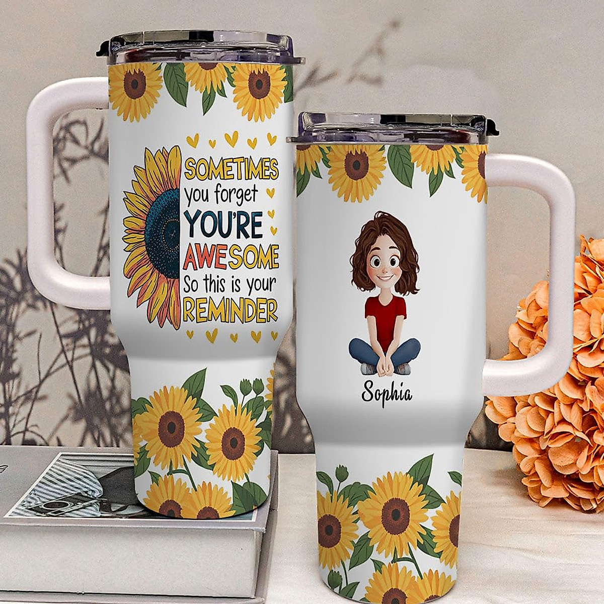 Personalized Gifts For sunflowers Lover Tumbler 40oz with Handle and Straw - Stainless Steel Travel Coffee Cup With Lid - Gifts For Women, Her, Wife, Mom, Girl On Birthday, Christmas, Mother's day