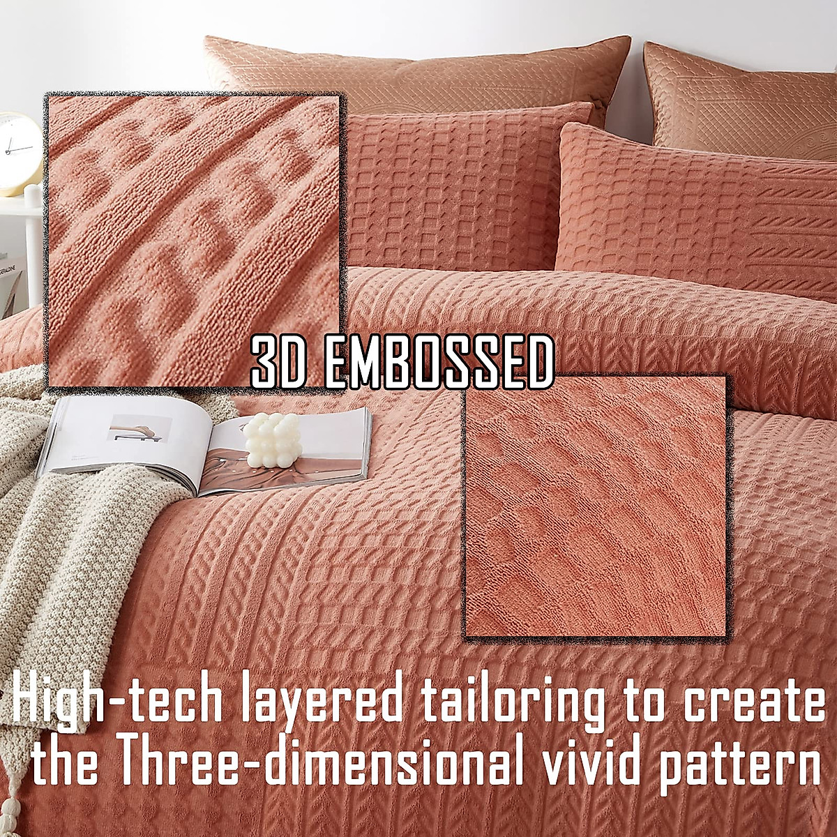 MorroMorn Queen Duvet Cover Set, 3 PCS Boho Queen Bedding Sets Luxury Plush 3D Embossed - 1 Fluffy Comforter Cover 2 Pillowcases, Soft Blanket Blush Pink Orange (Rust Terracotta, Full/Queen)