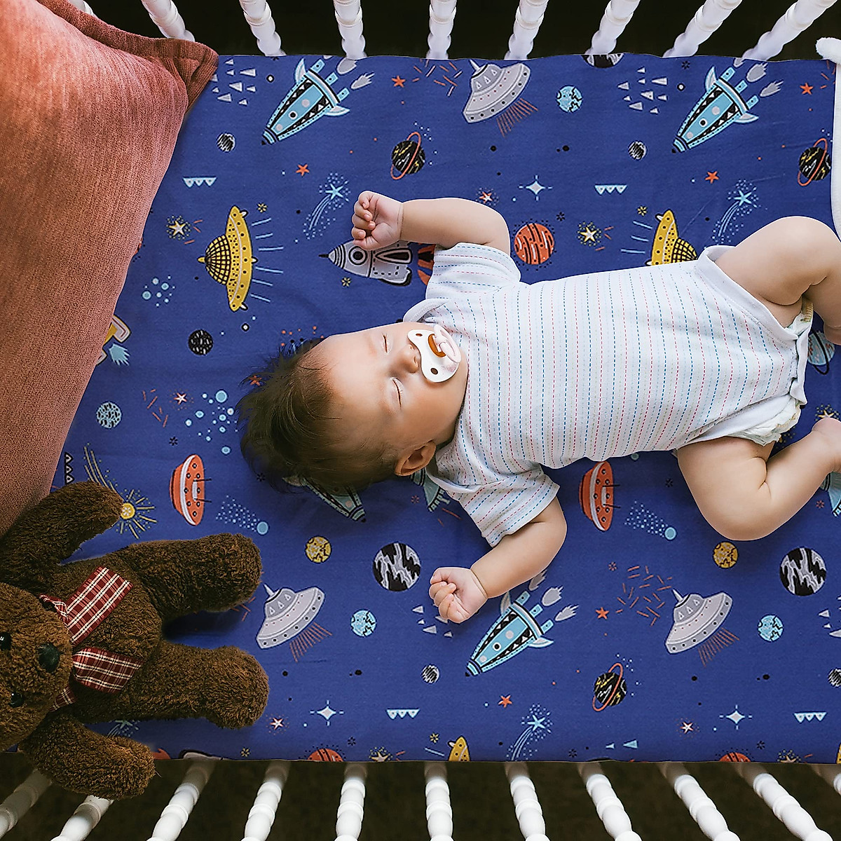 Astronaut Space Galaxy Baby Crib Sheet - Fitted Toddler Sheet Polyester Baby Sheet for Standard Crib and Toddler mattresses Nursery Bedding Sheet Crib Mattress Sheets for Boys 1 Pack - by UOMNY