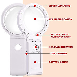 Dicfeos 30X 40X Magnifying Glass with Light and Stand, Folding Design 18 LED Illuminated Magnifying Glass for Close Work, Large Magnifying Glasses for Reading, Powered by Battery or USB(White)