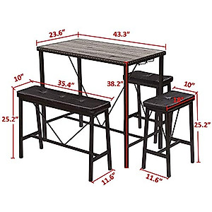 O&K FURNITURE Bar Table and Chairs Set of 4, Industrial Dining Table Set with Glass Holder, Kitchen Table with Upholstered Bench and Stools, Counter Height Pub Table Set for Small Space(Gray)