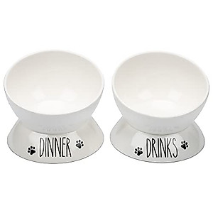 Prefurred Pet Elevated Cat Food Bowl Set (Dinner & Drinks Cat Dish) Two Elevated Cat Bowls, Cat Dishes for Food and Water. Porcelain Raised Cat Bowl, Small Pet Dog Bowl. Wide Tilted Cat Food Bowls.