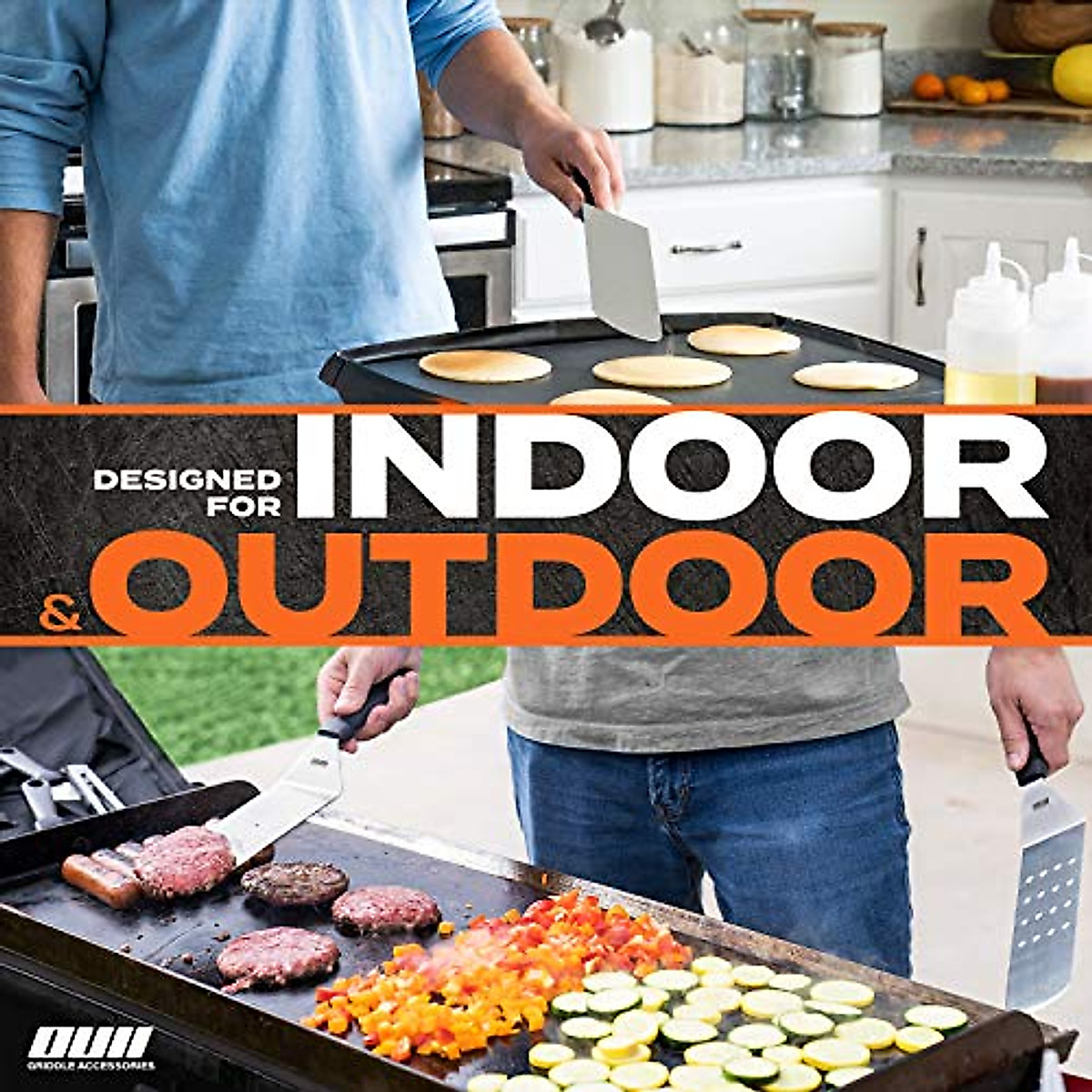 OUII Flat Top Griddle Accessories Set for Blackstone and Camp Chef Griddle - 9 Pieces Set with Griddle Cleaning Kit and Carry Bag! Metal Spatula, Scraper for Hibachi Grill and Teppanyaki Grill