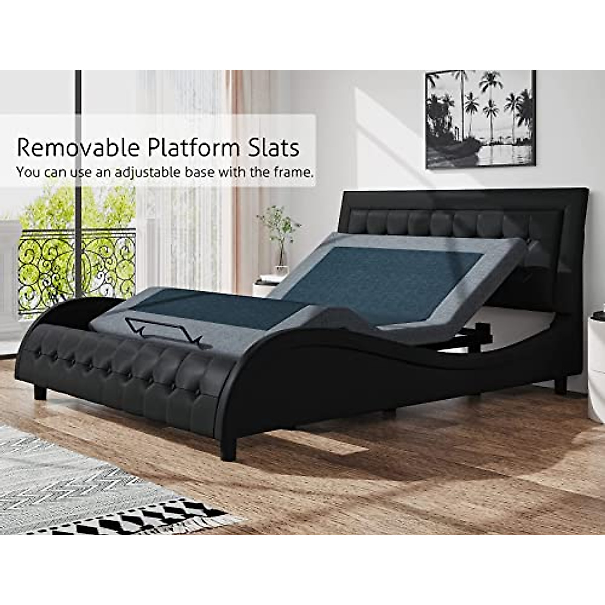 SHA CERLIN Queen Size Box-Tufted Platform Bed Frame/Faux Leather Upholstered Bed Frame with Adjustable Headboard/Wood Slat Support/Wave-Like Modern Bed/Low Profile/Black