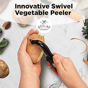 Zulay Kitchen Premium Vegetable Peeler for Kitchen - Swivel Peeler with Razor Sharp Stainless Steel Blades & Strong Ergonomic Handle - Dishwasher Safe, Easy To Use with Blemish Remover - Black