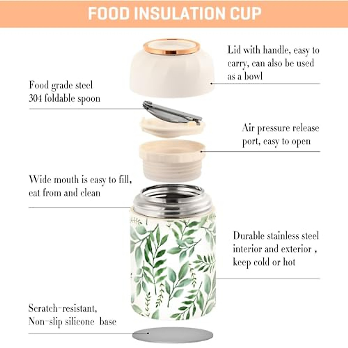 Watercolor Green Leafs Kids Womens Insulated Food Jar Containers with Spoon 17oz/500ml Insulated Lunch Containers Stainless Steel Vacuum Food Warmer Storage Containers for Hot/Cold Food