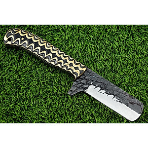 Carbon steel blade Bull cutter knife, 8.5 inches long knife with Leather sheath, Multi color Micarta scale Jigged with sturls, Embossed carbon steel blade, Embossed Leather sheath with belt loop (Black and Beige)