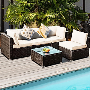 DORTALA 5 Pieces Patio Furniture Set, Outdoor Rattan L-Shaped Corner Sofa Set with Cushions, Coffee Table, Patio Sectional Conversation Set for Backyard Porch Garden Poolside, White