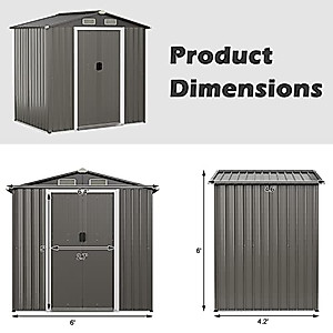 Giantex Outdoor Storage Shed 6 x 4 FT, Double Sliding Door, 4 Front and Back Vent, Galvanized Metal Garden Storage Room, Weather Resistant Tool Storage Shed for Backyard Patio Lawn (Gray)