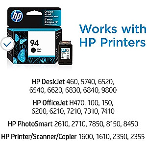 Original HP 94 Black Ink | Works with DeskJet 460, 5740, 6500, 6620, 6800, 9800; OfficeJet H470, 100, 6200, 7210, 7310, 7410; PhotoSmart 2610, 2710, 7850, 8150, 8459; PSC 1600, 2350 Series | C8765WN