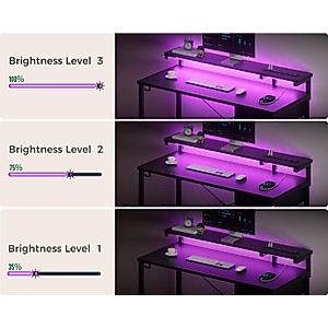 AODK Gaming Desk with LED Lights & Power Outlet, 40 Inch Computer Desk with Drawer, Reversible Desk with Adjustable Monitor Shelf & Headphone Hook for Home Office, Black