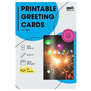 PPD 50 Inkjet Printable Blank Glossy Greeting Card Paper 64lbs 240gsm 10.9mil 8.5x11 Half Fold To 5.5x8.5 Premium Quality Photographic Print Cardstock Instant Dry and Water-Resistant (PPD-51-50)
