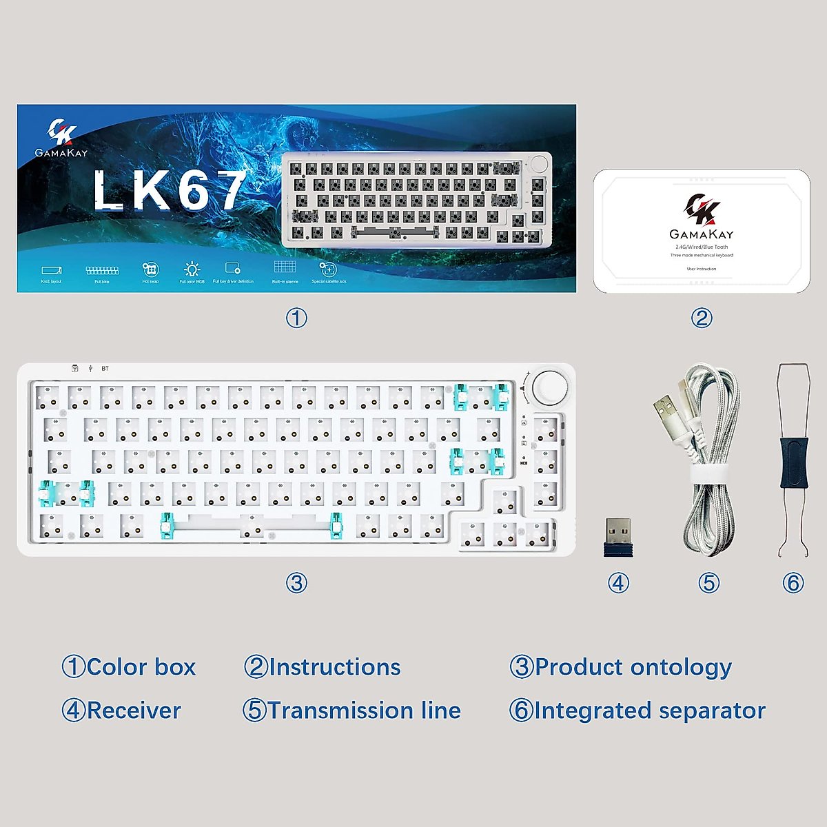 GK GAMAKAY LK67 65% RGB Modular DIY Mechanical Keyboard, 67 Keys Hot Swappable 3pin/5pin Switch, Programmable Triple Mode Bluetooth 5.0/USB-C Wired/2.4GHz Wireless Customized Keyboard Kit (White)