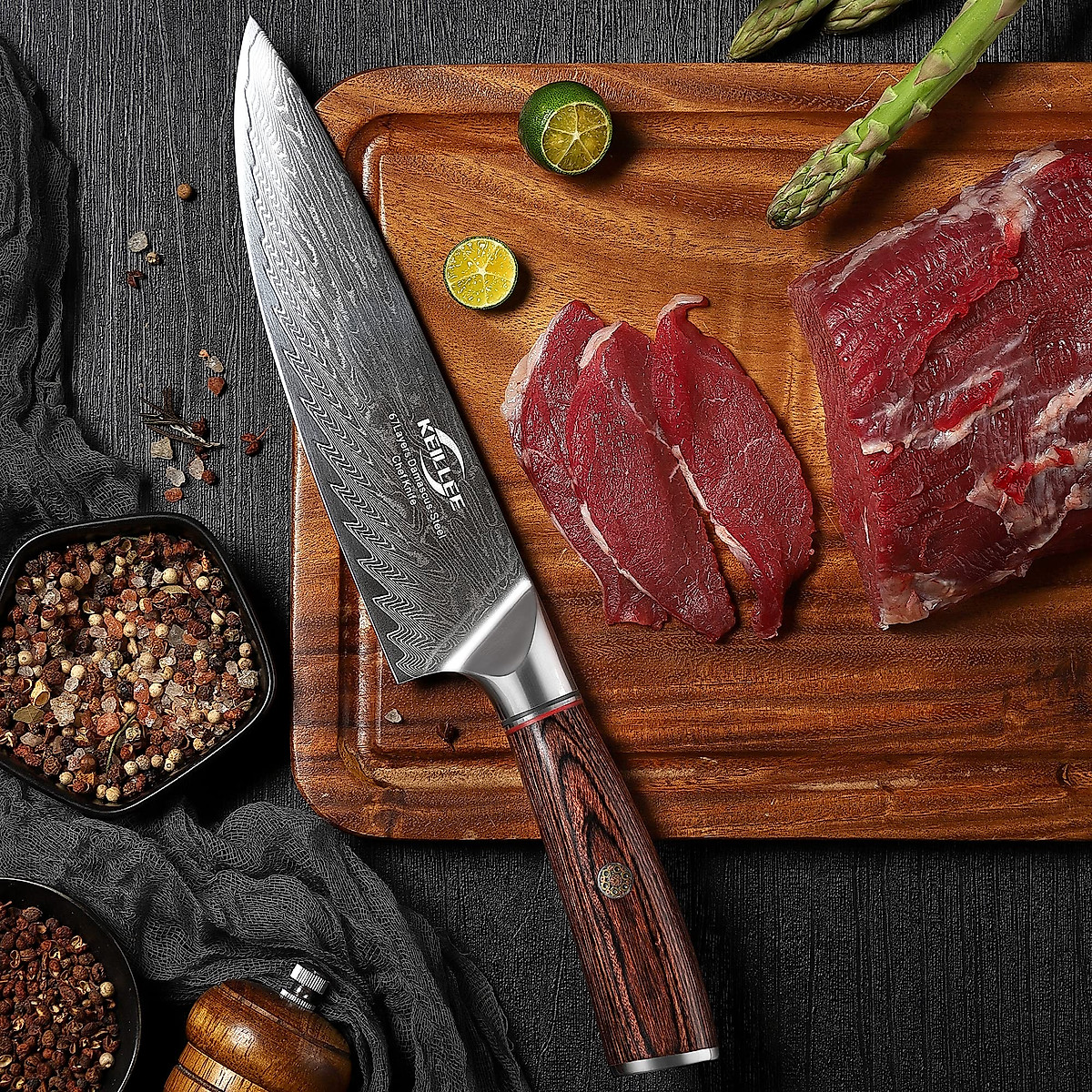 KEILLEE Premium 8-Inch Damascus Steel Chef Knife with Anti-Stick VG10 Blade and Ergonomic Handle