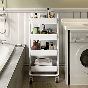 MIOCASA 4-Tier Metal Utility Rolling Cart, Heavy Duty Multifunction Cart with Lockable Casters, Easy to Assemble, Suitable for Office, Bathroom, Kitchen, Garden (White)