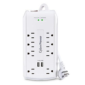 CyberPower CSP806U Professional Surge Protector, 3000J/125V, 15A, 8 Outlets, 2 USB Charging Ports, 6 Foot Cord, White