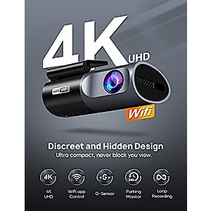 Dash Cam 4K WiFi 2160P Dash Camera for Cars, Car Camera Dash Cam Front Recorder, Dashcam for Cars with App, 24 Hours Parking Mode, G-Sensor, Night Vision, Loop Recording, Support 256GB Max