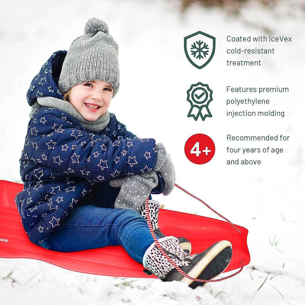 Slippery Racer Downhill Xtreme Flexible Adults and Kids Plastic Toboggan Snow Sled for Up to 2 Riders with Pull Rope, (2 Pack) (Red/Red)