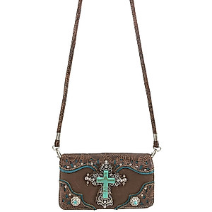 Zelris Turquoise Rhinestone Cross Western Women Crossbody Wrist Trifold Wallet (Brown)