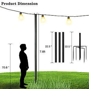 String Light Poles for Outdoors 2 Pack 7.8 FT Outside String Lights Pole Stand with 2 Shape Hooks and Heavy Duty 5-Prong Fork for LED Solar Bulbs Hanging Yard Garden Patio Wedding Cafe and Party