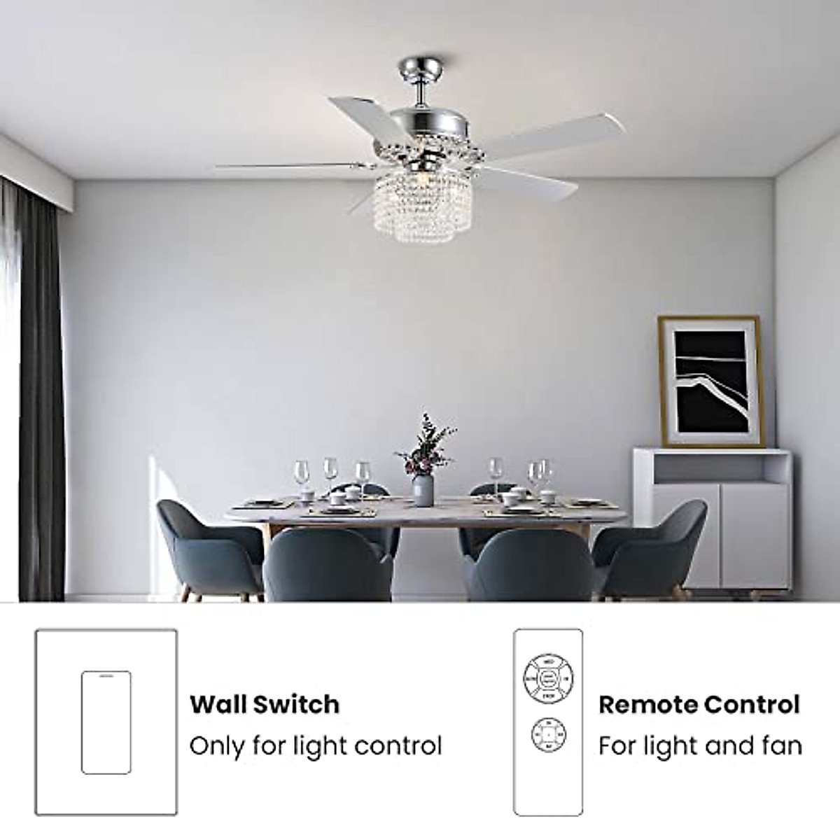 CROSSIO 52 Inch Crystal Ceiling Fan with Light and Remote Control, Modern Chandelier Fan with 5 Reversible Wood Blades Chrome Fandelier for Living Room Bedroom (Fine line Crystal-Ceiling Fan)