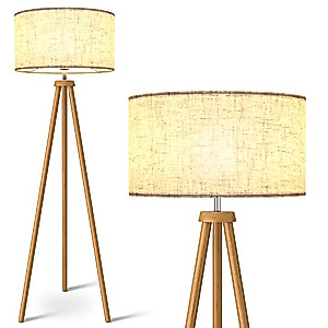 LEPOWER Wood Tripod Floor Lamp, Mid Century Standing Lamp for Living Room, Flaxen Lamp Shade, Modern Design Standing Lamp with E26 Lamp Base, Tall Floor Lamp for Bedroom, Study Room and Office