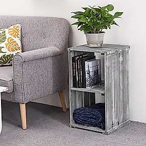 MyGift 2 Tier Rustic Dark Gray Wood Crate Design Storage Shelf Organizer Cubby, Small Bookcase Shelving Unit, Side Accent Table Nightstand with Shelves