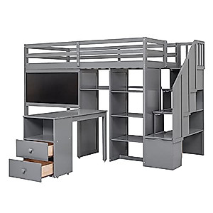 Harper & Bright Designs Twin Loft Bed with Stairs, Solid Wood Loft Bed with Pullable Desk and Storage Shelves and Blackboard, for Bedroom, Dorm, Boys, Girls, Adults (Twin Size, Gray)