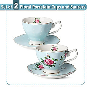 BTaT- Floral Tea Cups and Saucers, Set of 2, 8oz, with Gold Trim and Gift Box, Coffee Cups, Floral Tea Cup Set, British Tea Cups, Porcelain Tea Set, Tea Sets for Women