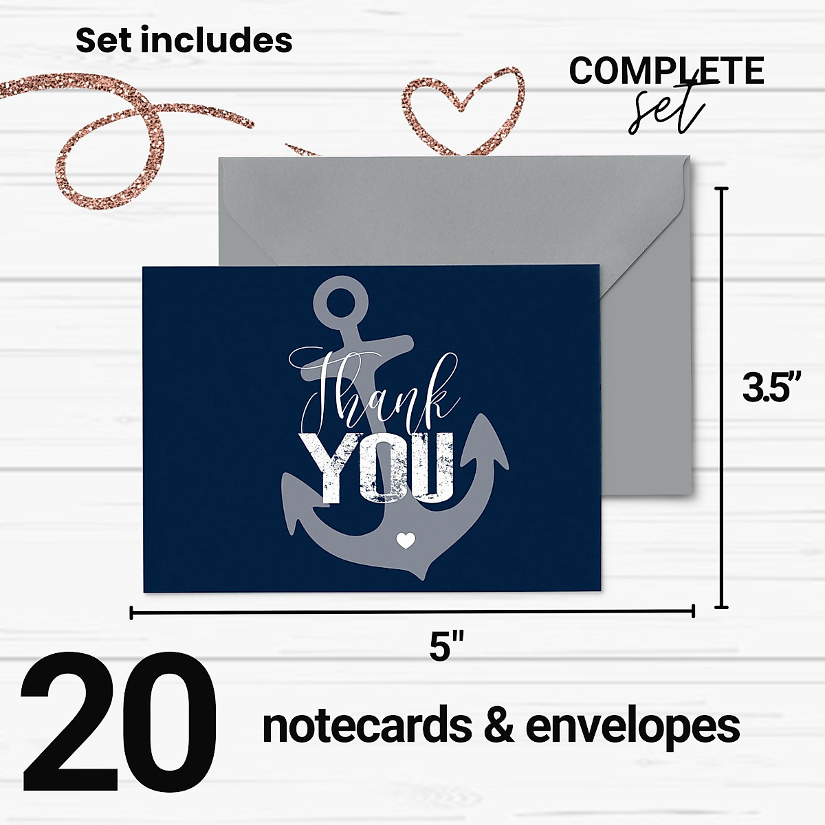 Paper Clever Party Anchor Thank You Cards with Envelopes for Bridal Shower, Wedding, Any Occasion, Blank Notecards Boys Baby Shower, 20 Pack