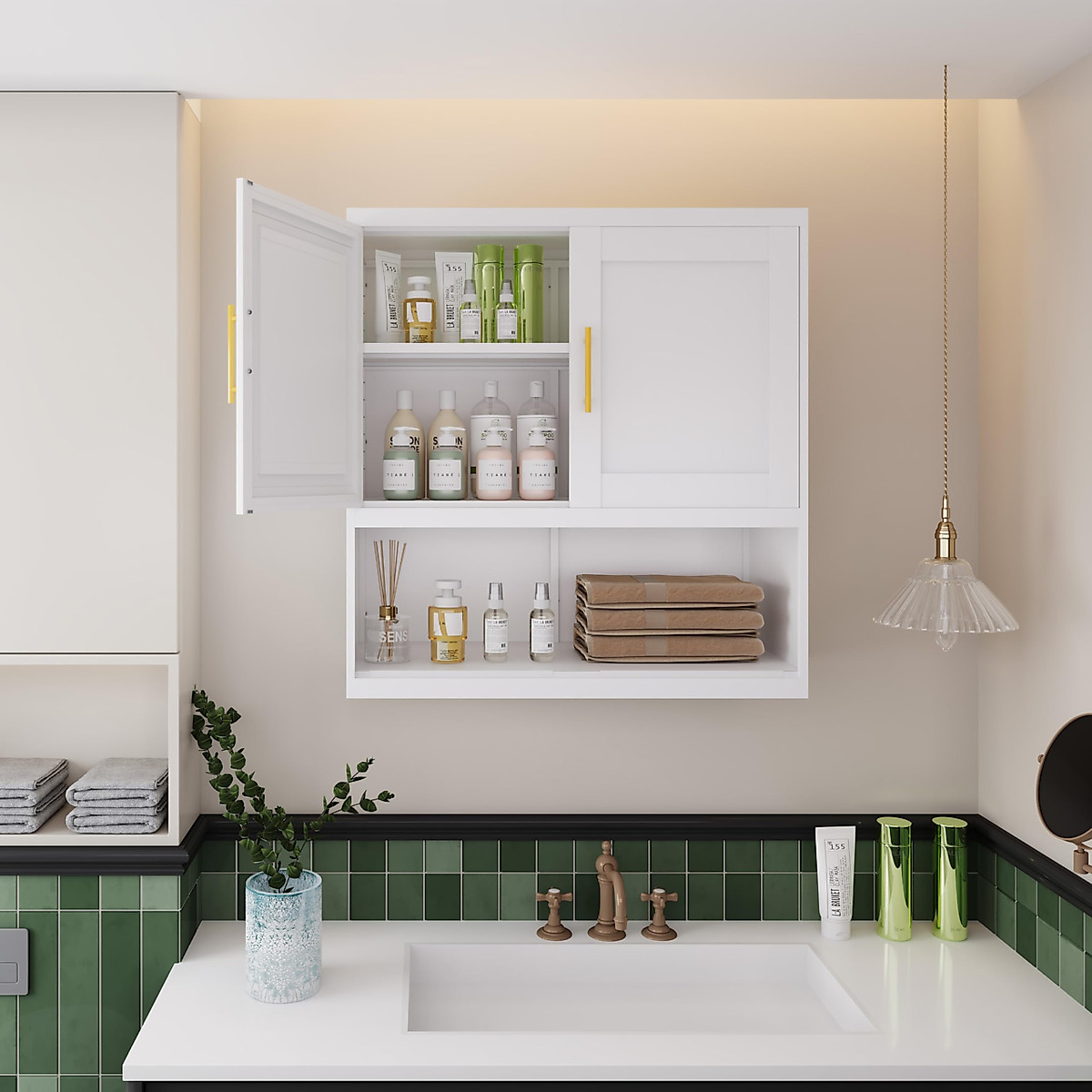 GAIOUS Metal Bathroom Wall Cabinet, Over Toilet Storage White with Open Shelf, Wall Mounted Medicine Cabinet with 2 Doors and Adjustable Shelves, Floor Cupboard for Kitchen Bedroom Living Dining Room