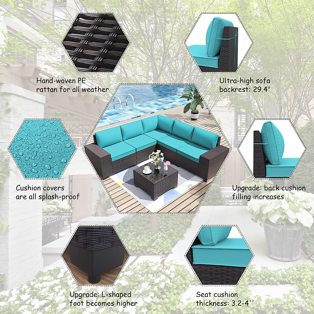 ALAULM 6 Pieces Patio Furniture Set Sectional Sofa Set Outdoor Furniture All Weather Brown PE Rattan Patio Conversation Set w/5 Blue Seat Cushions and 1 Coffee Table
