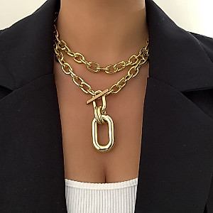 Jumwrit Layered Necklaces Chunky Chain Toggle Necklaces Statement Choker Necklaces Punk Lightweight Carabiner necklace for Women (Gold)