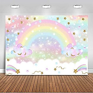 Mocsicka Rainbow Backdrop 7x5ft Pastel Rainbow Birthday Cloud Glitter Stars for Kids' Party Decorations Cake Table Banner Rainbow Baby Shower Photography Background