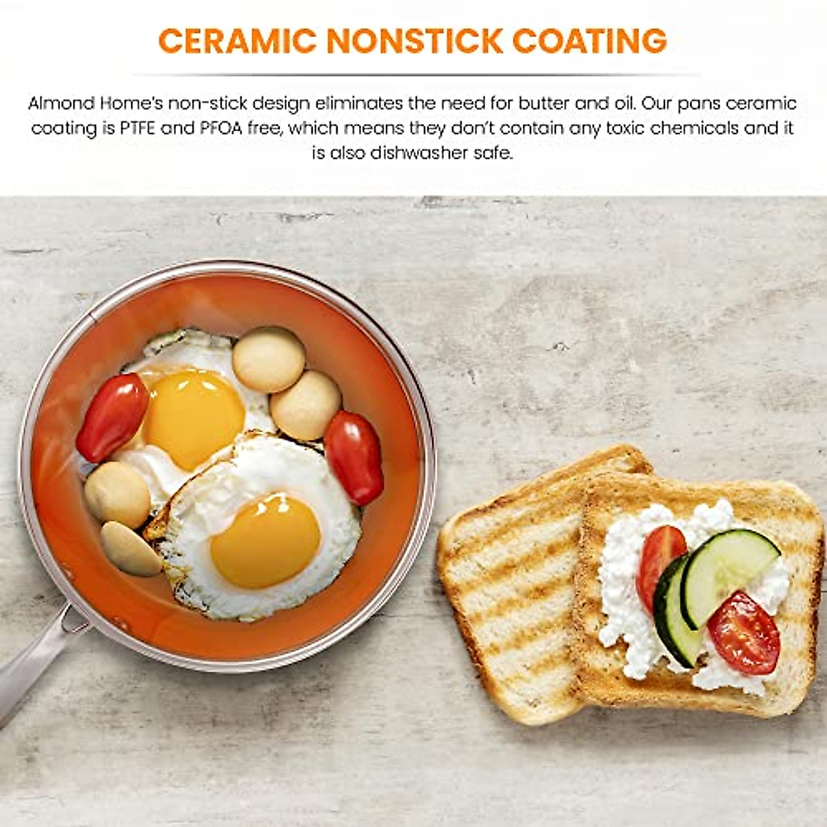 Almond 12 Inch Non-Stick Frying Pan with Lid - Copper Ceramic Fry Pans with Tempered Glass Lid & Stainless Steel Handle, Round Aluminum Saute Pan, Dishwasher and Oven Safe - 12 inches