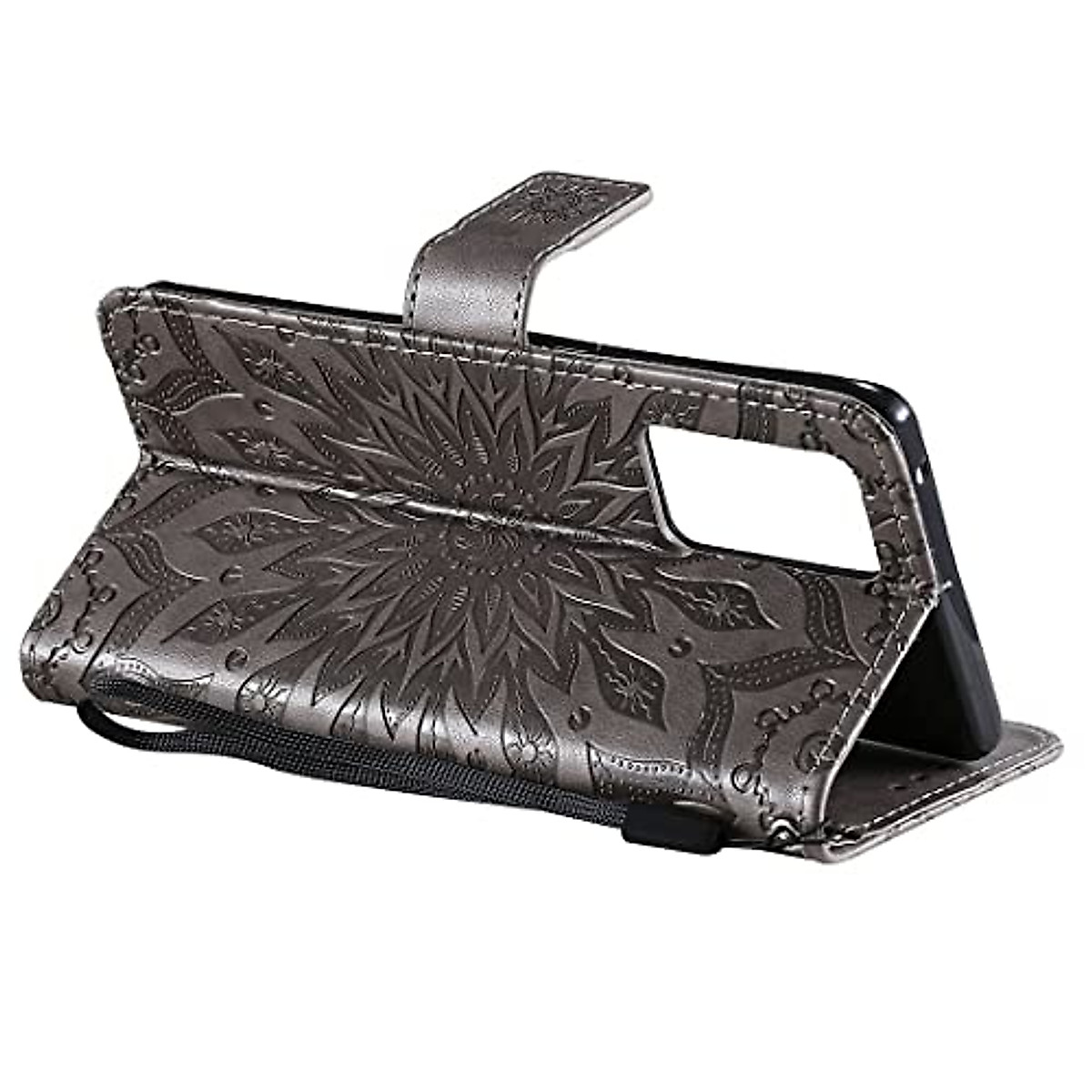 SATURCASE Case for Oppo Reno 6 Pro 5G, Sun Flower Embossing PU Leather Flip Magnet Wallet Stand Card Slots Protective Cover with Hand Strap for Oppo Reno 6 Pro 5G (Gray)