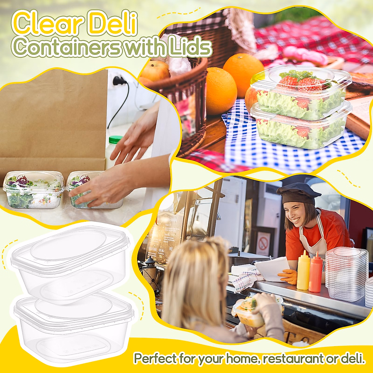 Yiyiring 50 Pack 12 oz Tamper Proof Containers with Lid Square Deli Plastic Sandwich Tiramisu Airtight Meal Container with Lids for Kitchen Storage