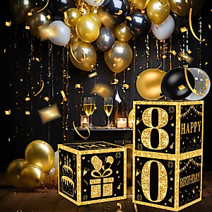 80th Birthday Decorations Boxes for Men- 3PCS Black Gold Happy 80th Birthday Balloons Boxes, 80 Year Old Party Supplies for Men Women