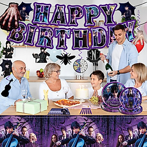 111pcs Happy Birthday Decorations Tableware Pack, includes Birthday Banner, Hanging Swirls, Foil Balloon, Plates, Napkins, Fork, Tablecloth, Happy Birthday Party Supplies