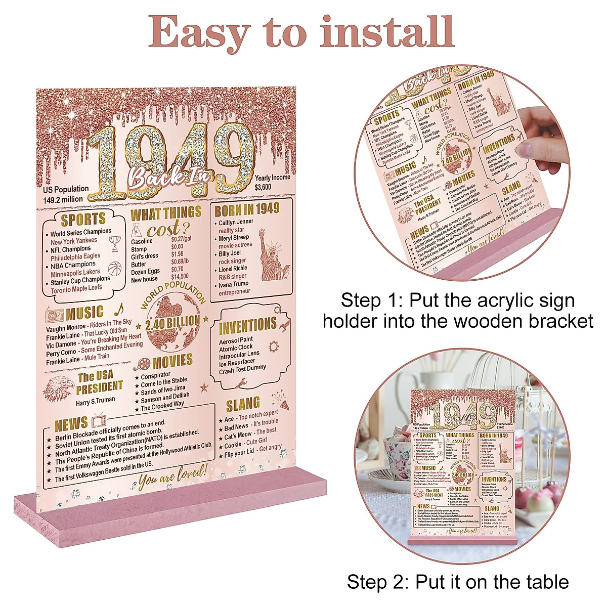Bumqviy Happy 75th Birthday Decorations Back in 1949 Table Sign for Women, Pink Rose Gold 75 & Fabulous Birthday Two-Sided Wooden Poster with Stand, 75 Year Old Birthday Gift Party Supplies