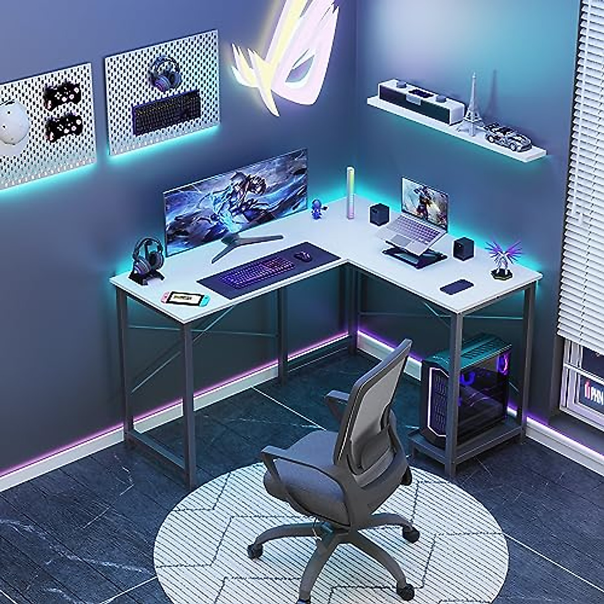 Sweetcrispy L Shaped Gaming Desk, Computer Desk Corner Desks PC Gaming Desk Table with CPU Stand Side Bag for Home Office Dorm Sturdy Writing Workstation, White, 50 Inch