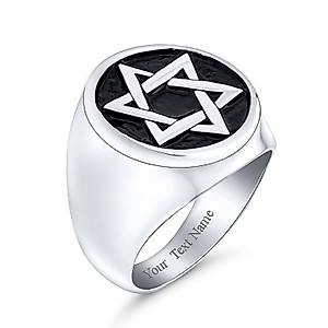 Bling Jewelry Personalize Large Statement Religious Magen Judaic Hanukkah Star of David Bar Mitzvah Round Signet Band Ring for Men Enamel Silver Tone Stainless Steel