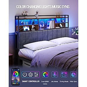 Hzuaneri Headboard with 3-Tier Storage Shelves, Upholstered Head Board with 2 Outlets, USB Ports & LED Light, Soft Backrest for King Size Bed Rustic Brown and Black BH19401B