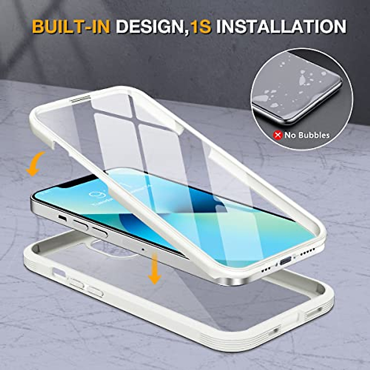 Miracase Glass iPhone 13 Case 6.1 inch, 2023 Upgrade Full-Body Clear Bumper Case with Built-in 9H Tempered Glass Screen Protector for iPhone 13,Rice White