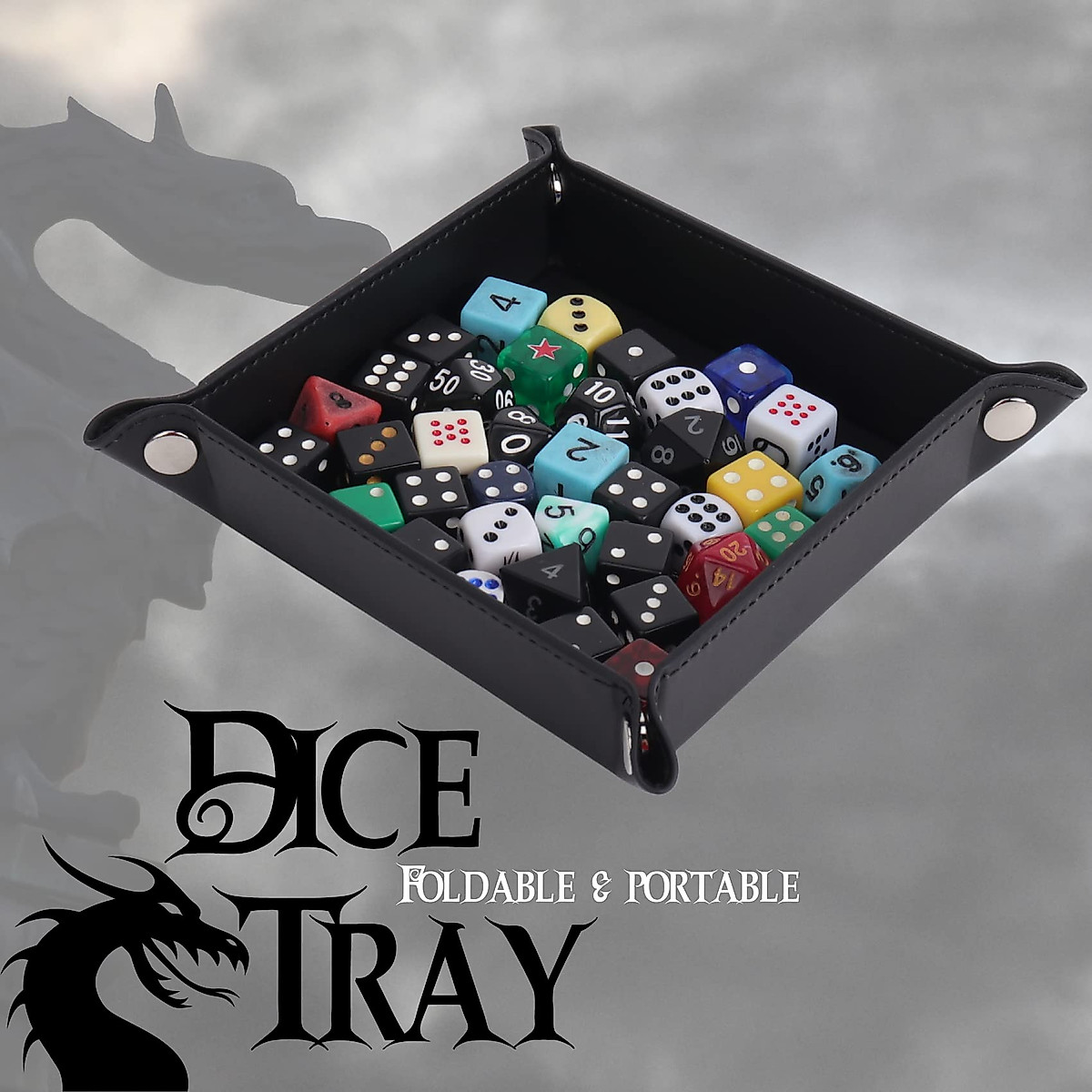 Dragon Dice Tray for RPG, Role Play Games, Table Top Gaming, Folding PU Storage Tray, Initial Leather Tray, Personalized Portable Organizer, Tray 4.75 Inches, Black Dragon Letter C