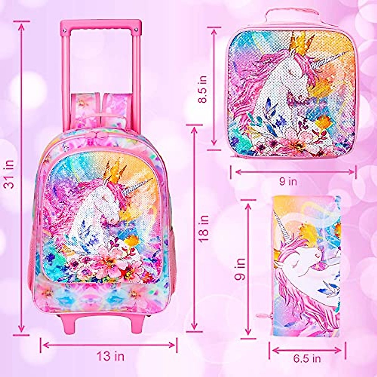 4PCS Rolling Backpack for Girls,Kids Unicorn Bookbag with Roller Wheels, Suitcase School Bag Set for Toddler Elementary